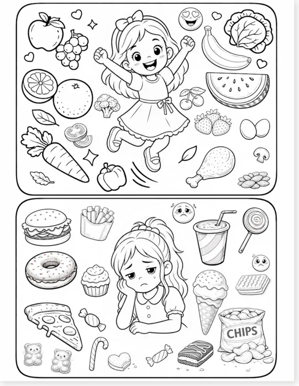 Preschool Food Coloring Page – Healthy vs Unhealthy Foods (Free PDF ...